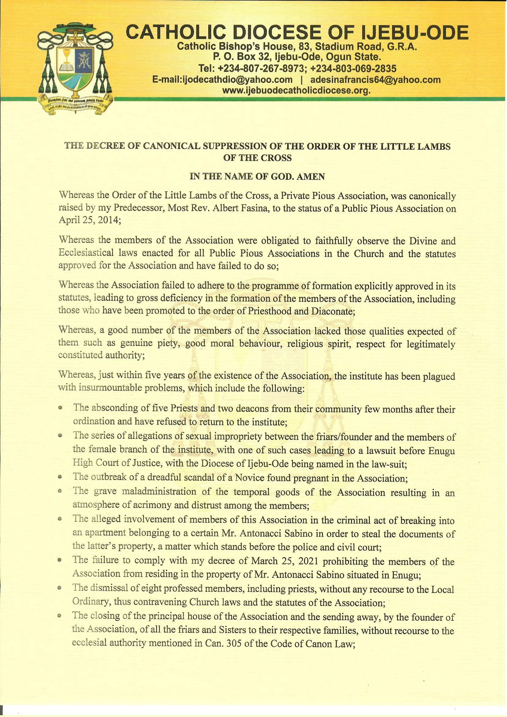 The Decree of Canonical Suppression of The Order of Little Lamb of The ...