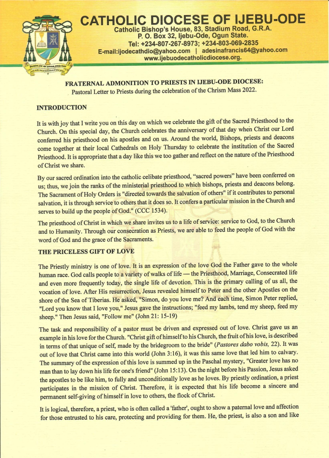 Pastoral Letter to Priests - Ijebu-Ode Catholic Diocese
